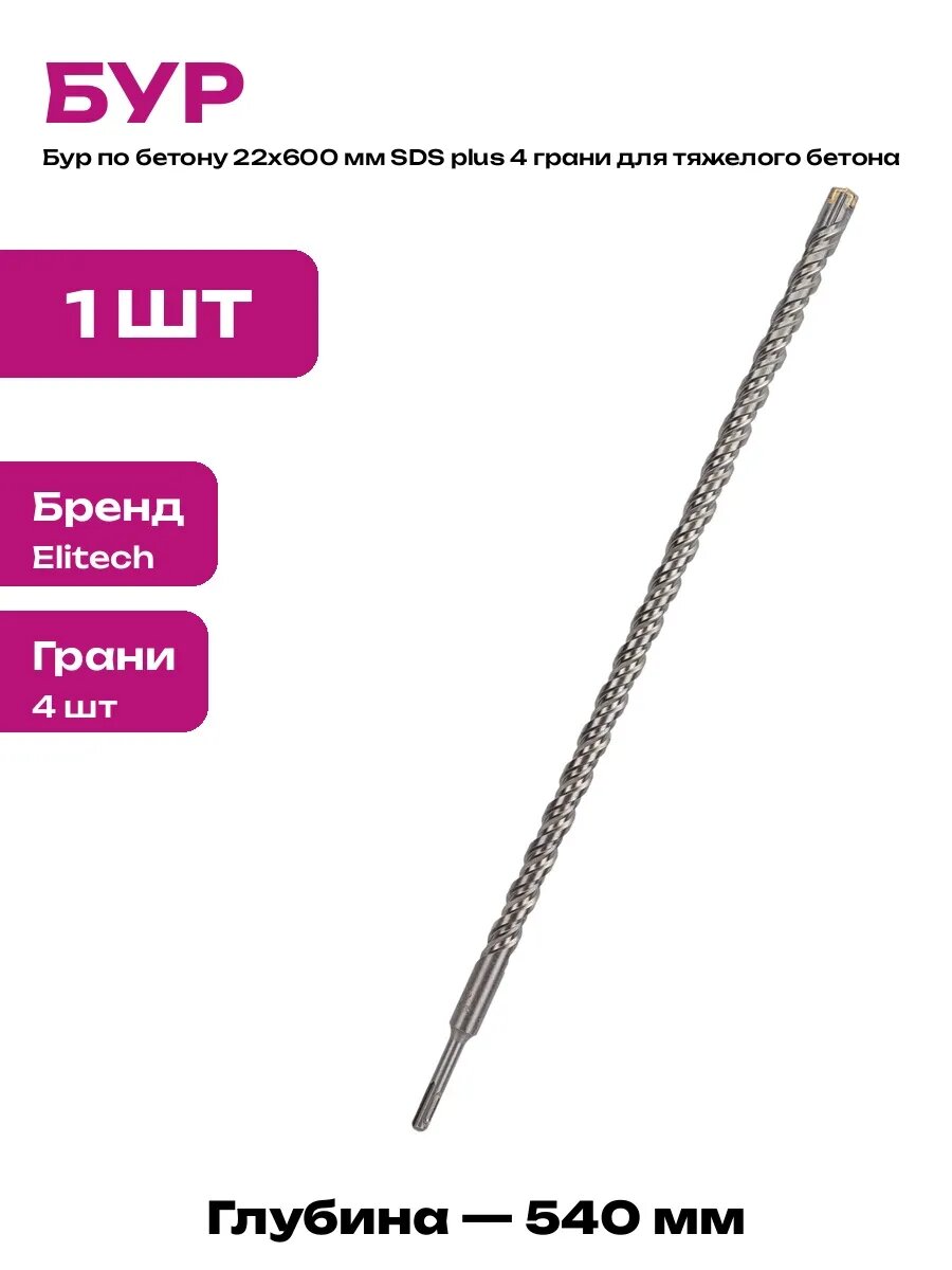 Бур по бетону 22х600 мм SDS plus четырехгранный для работ