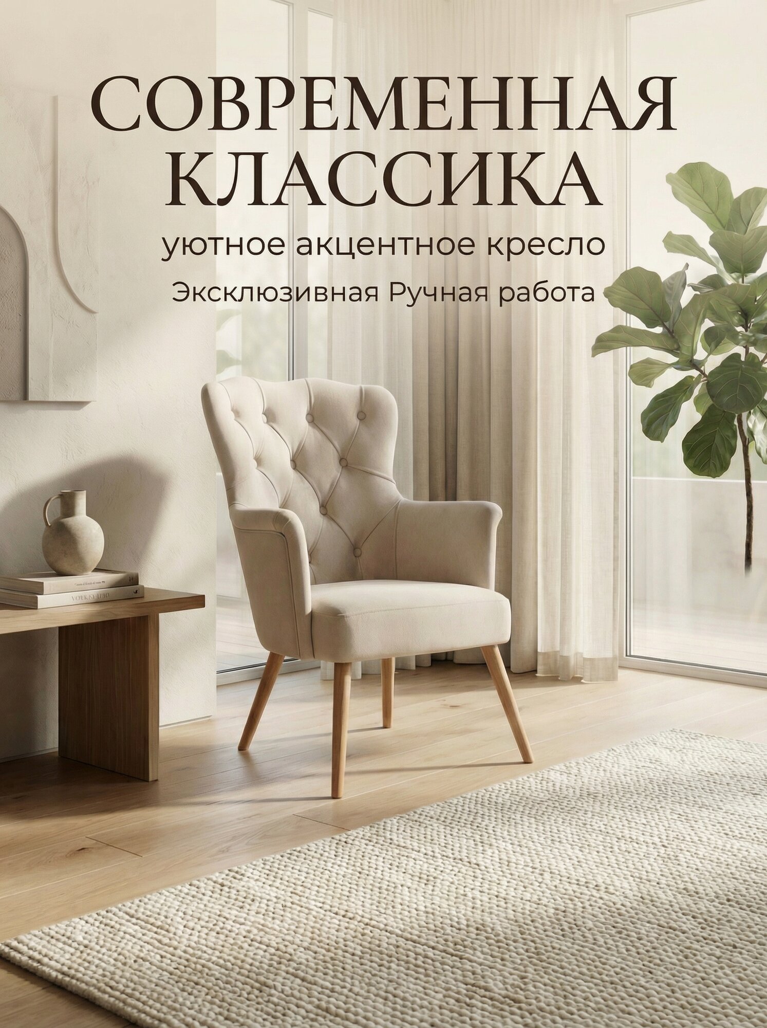 Кресло Луи мягкое для отдыха, гостиной, светло-бежевое, каретная стяжка, н. лак