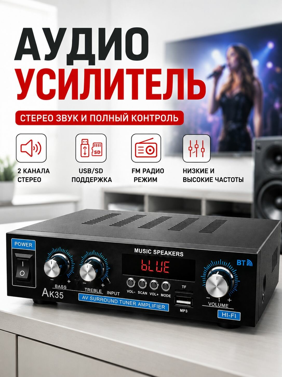 Аудио усилитель звука для колонок, ak35 усилитель звука 2.1 двухканальный с Bluetooth 5.0 3.5mm/FM/SD/RCA/USB/ AK35,300Вт+300Вт