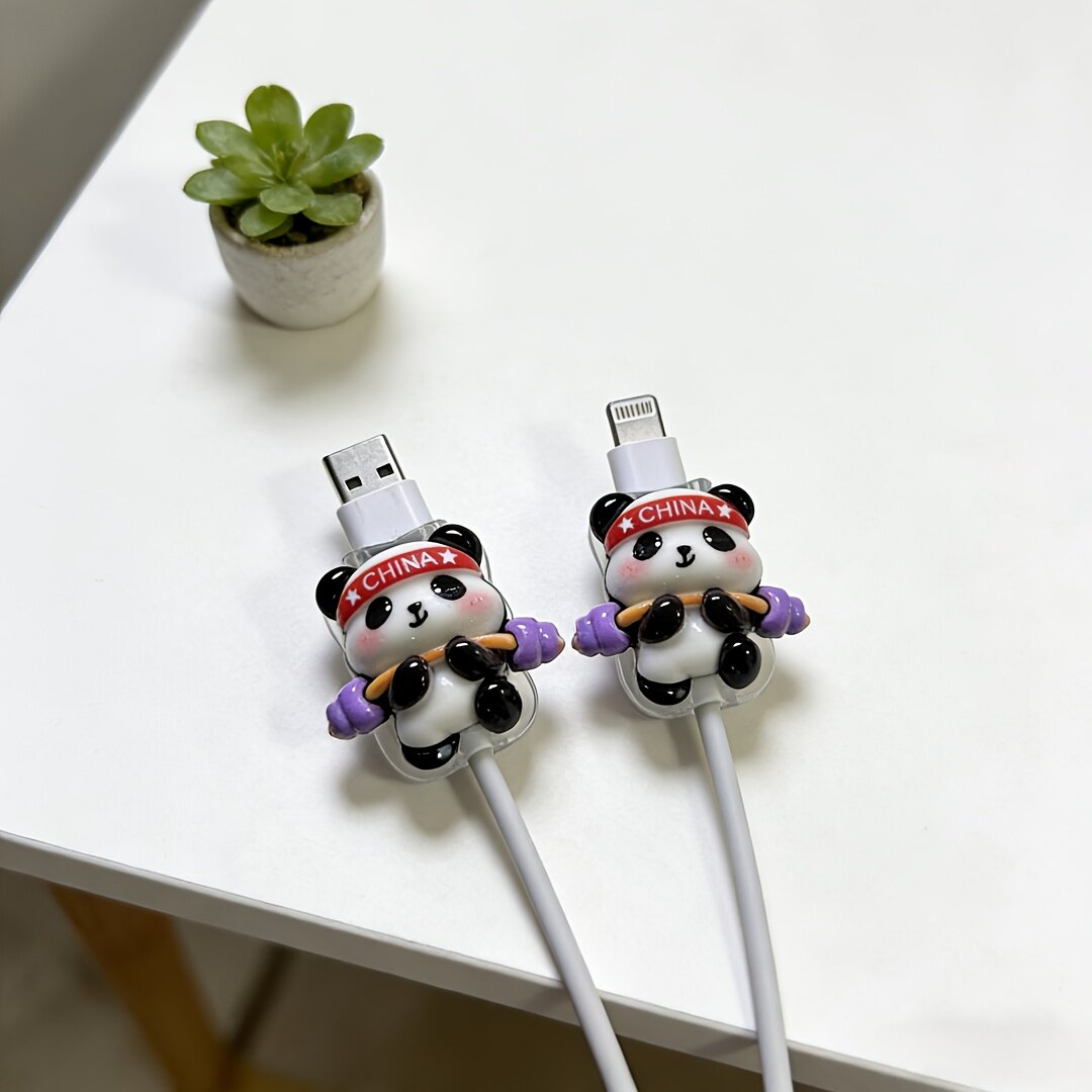 Комплект из 2 шт. защитных чехлов для кабеля зарядки и передачи данных, стиль «Панда-тяжелоатлет», спортивный дизайн, защита от изломов, баскетбольная форма