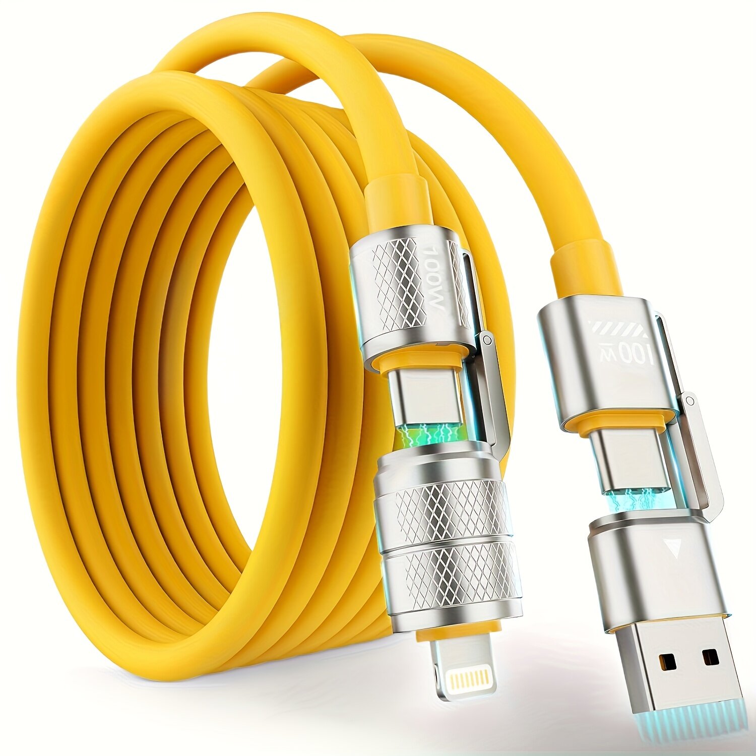 Кабель зарядный USB C - USB C 100W 4-в-1, Type C/A - C/Lightning, 1.5 м, желтый, для iPhone 16/15/14/13/12/11/8/7, MacBook, iPad, Samsung, Huawei, Xiaomi