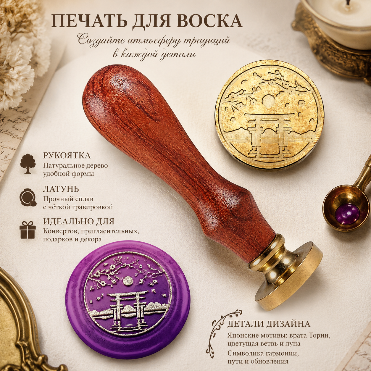Печать для сургуча Цветок, деревянная ручка, латунный штамп для писем, приглашений, открыток и подарков