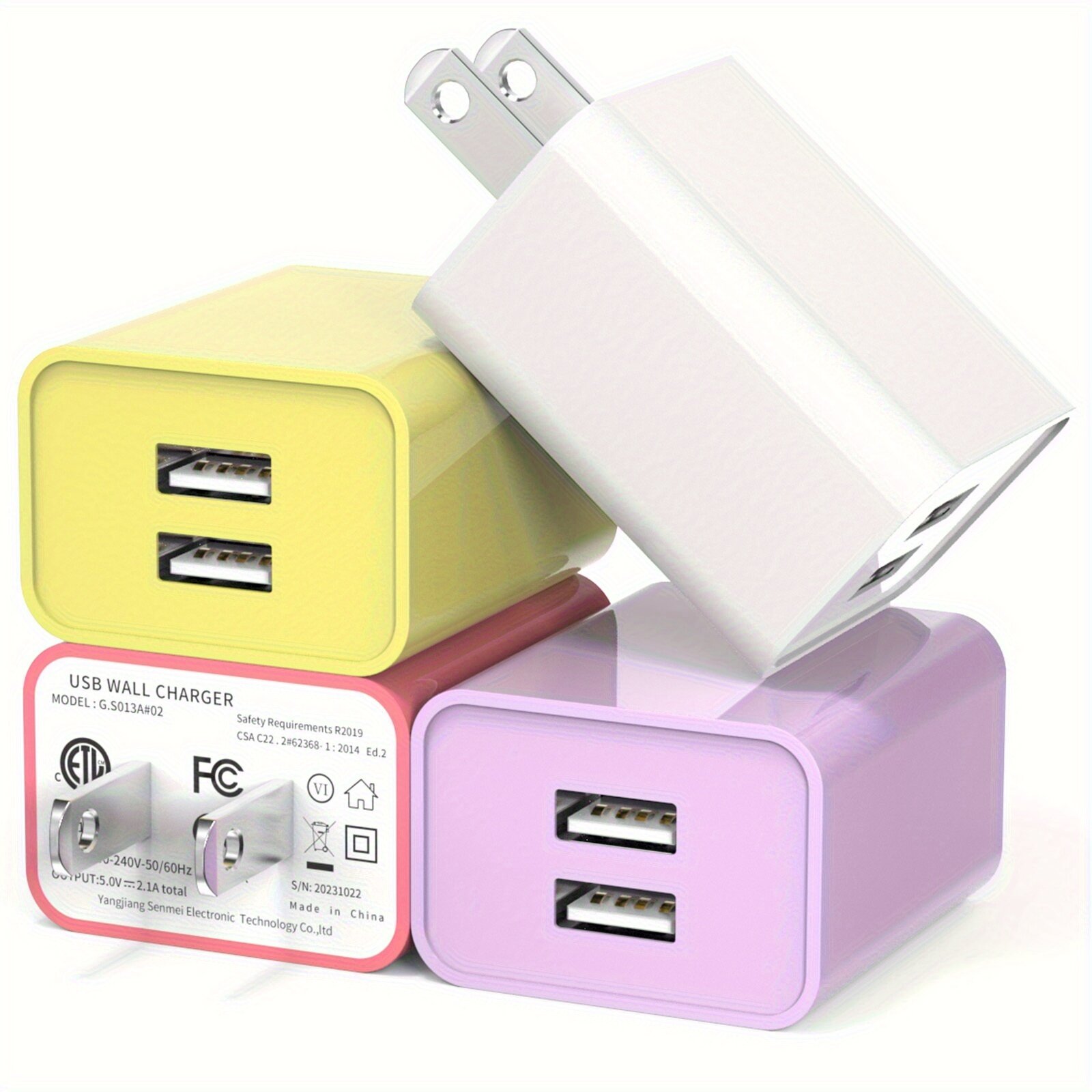 Зарядное устройство USB 2.1A с двумя портами, комплект 4 шт, белый+розовый+желтый+фиолетовый