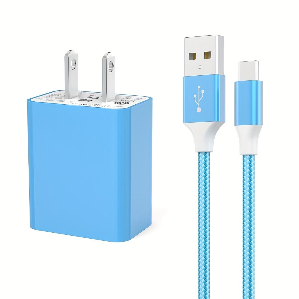 Набор синего цвета: адаптер питания 5V 2.1A двухпортовый и кабель USB Type-C нейлоновый оплетенный 0.9 м (3 фута)