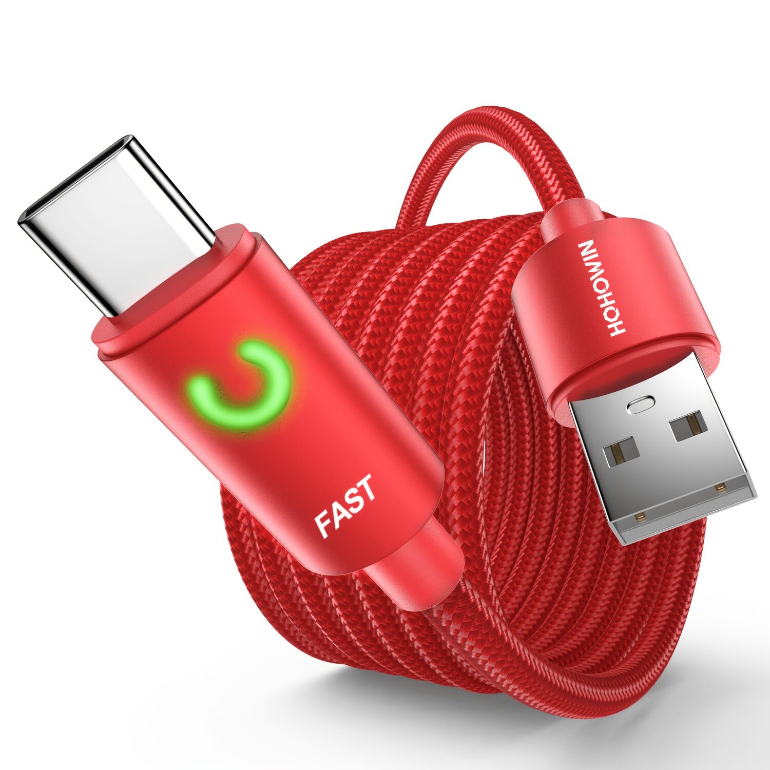 Кабель зарядный USB Type-C, быстрая зарядка, с подсветкой, для iPhone 15/16/17, Samsung, Google, LG, OnePlus, Xiaomi, 2 м, красный