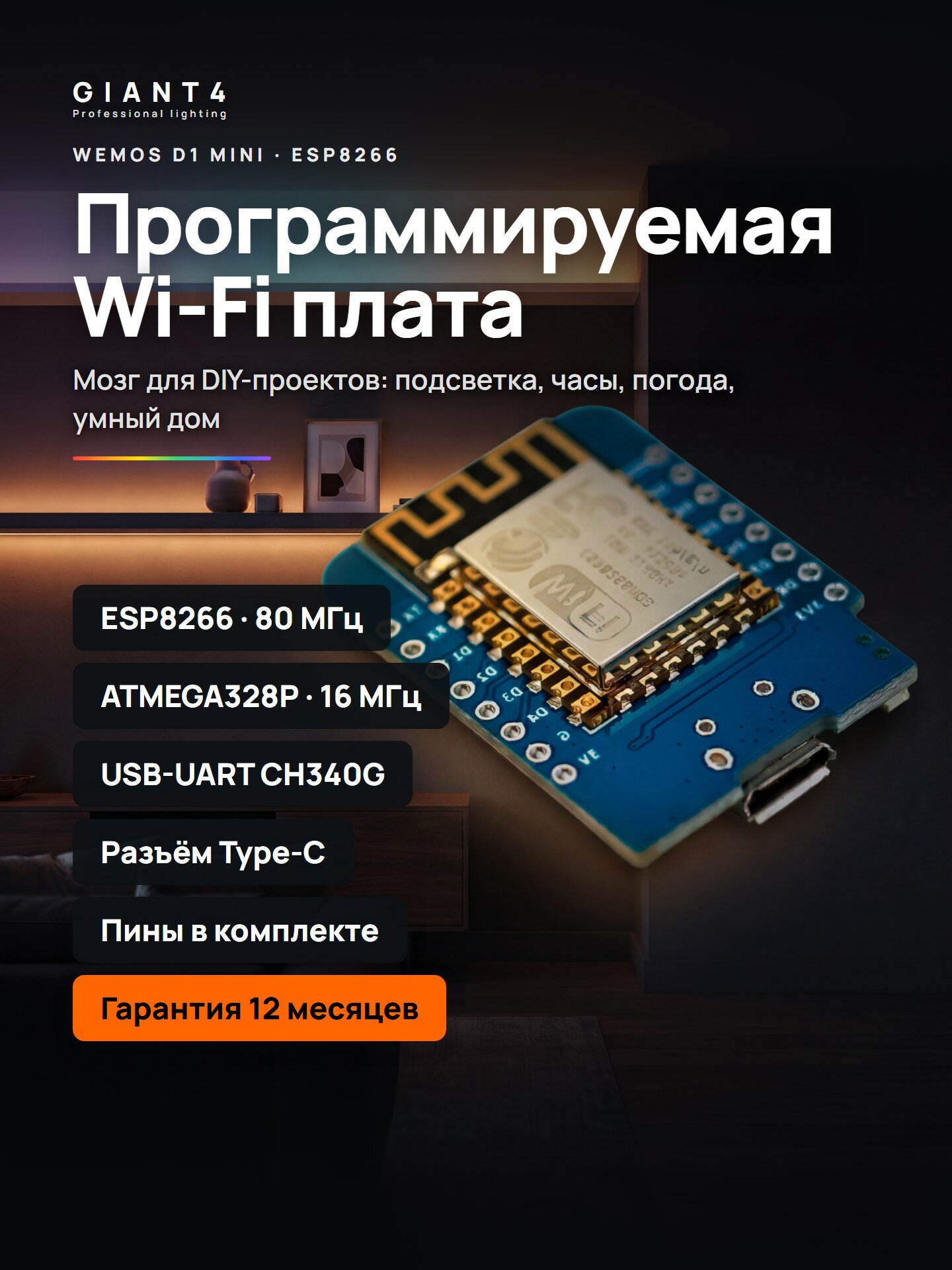 Плата Wemos D1 mini на основе esp8266, с поддержкой Wi-Fi 802.11 Giant4