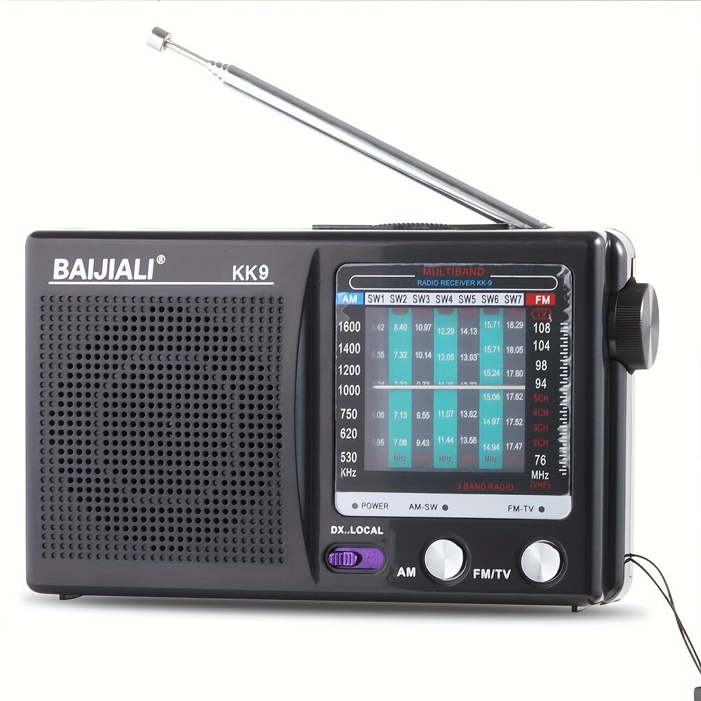 Портативный радиоприемник с громкоговорителем, AM/FM/SW/TV, разъем для наушников, питание от 2 батареек AA, для дома, улицы, кемпинга и экстренных ситуаций, черный, модель KK9