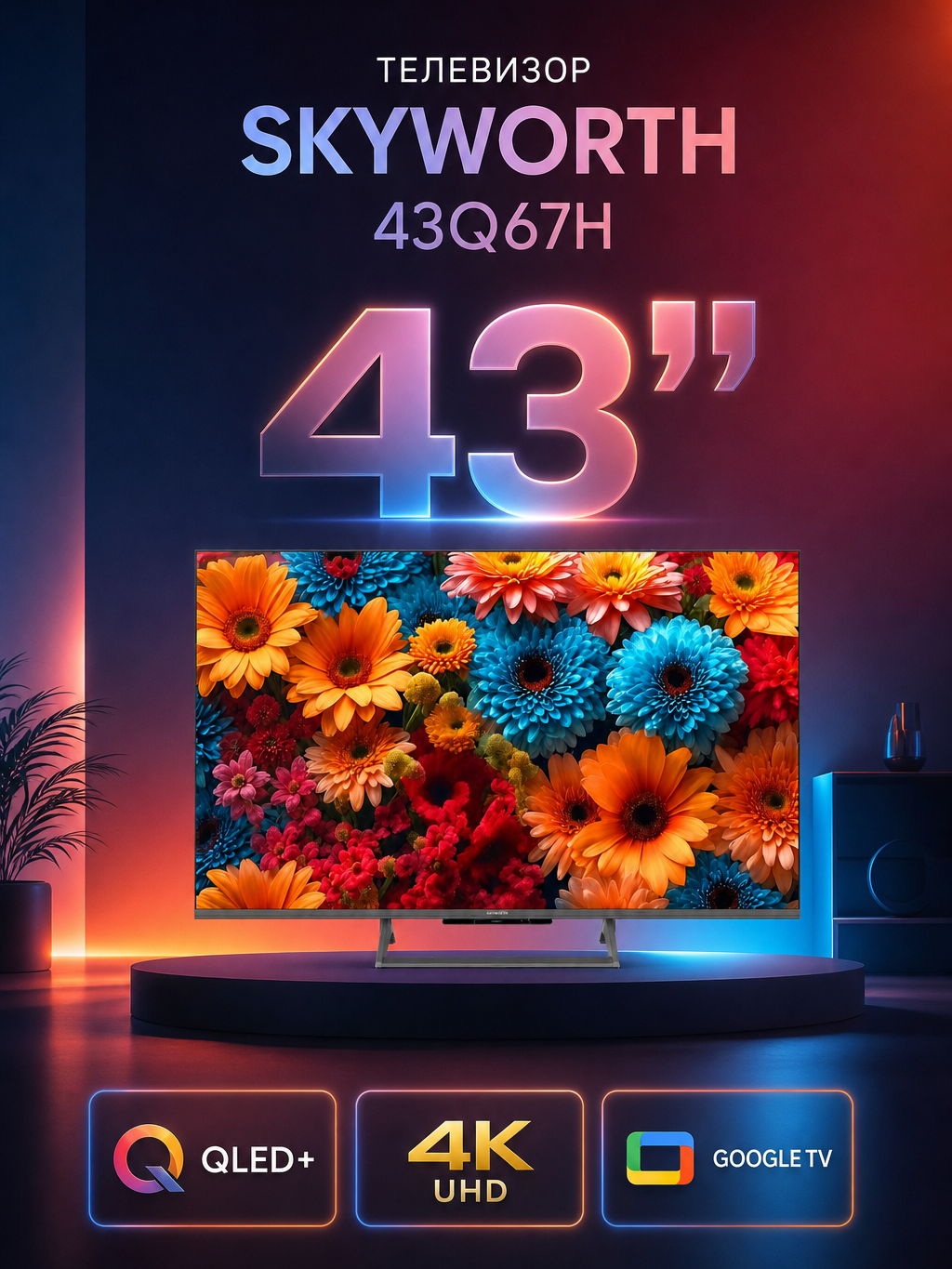 Телевизор Skyworth 43" 43Q67H, QLED+, 4K Ultra HD, Google TV, черный