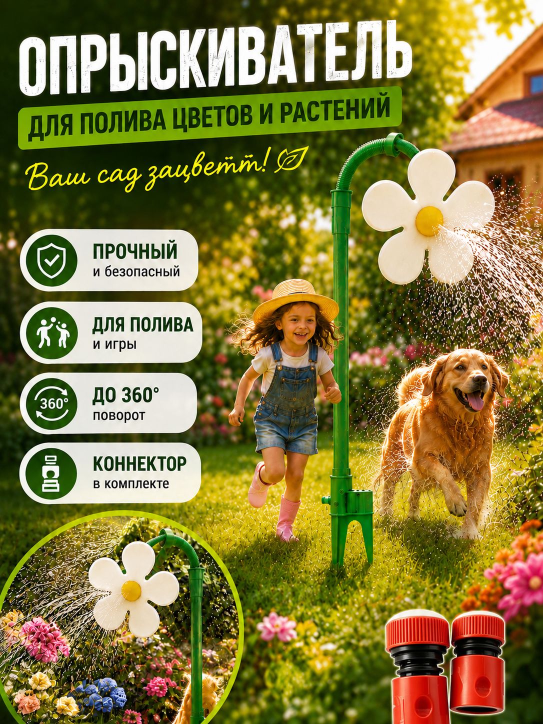 Вращающийся дождевательоросительцветок 360, для полива газона, сада и дачи, коннектор в комплекте