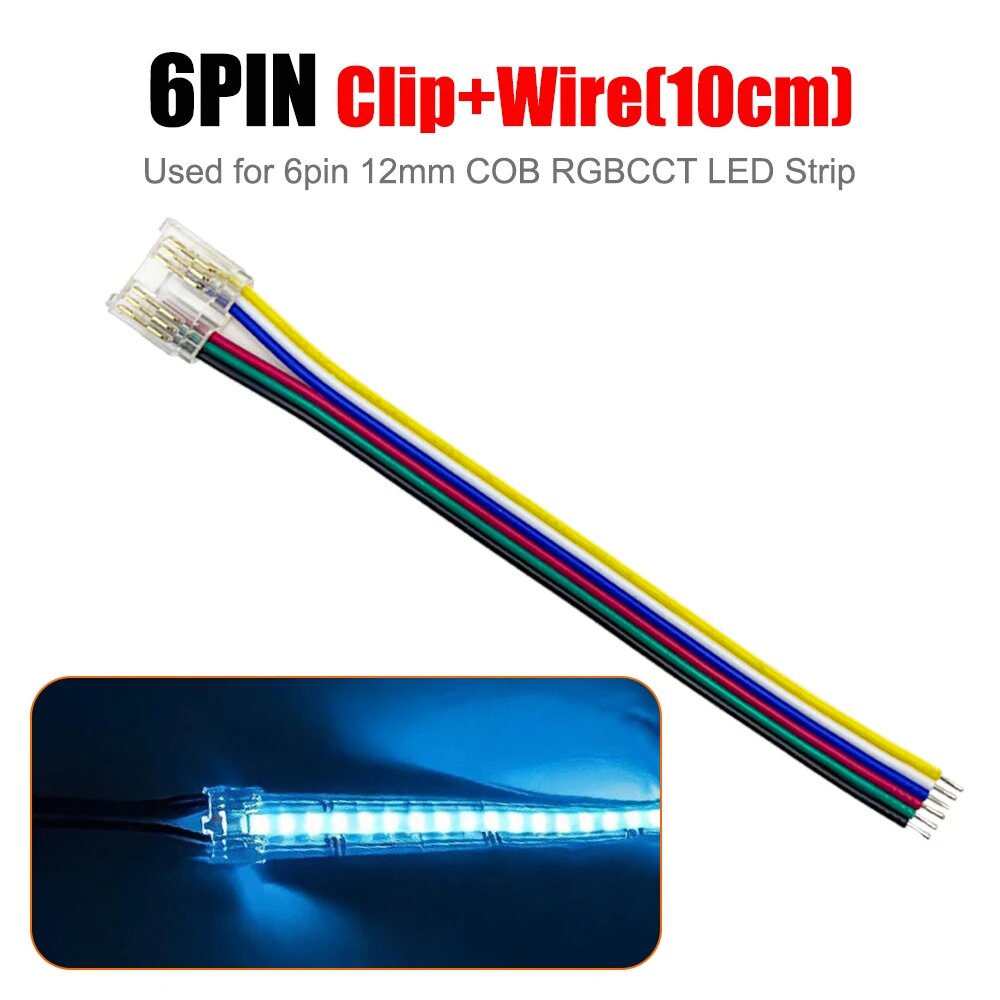Разъём COB LED прозрачный для светодиодных лент 12 мм 5-pin/6-pin 10pcs, 6PIN ClipxWire ToCOB