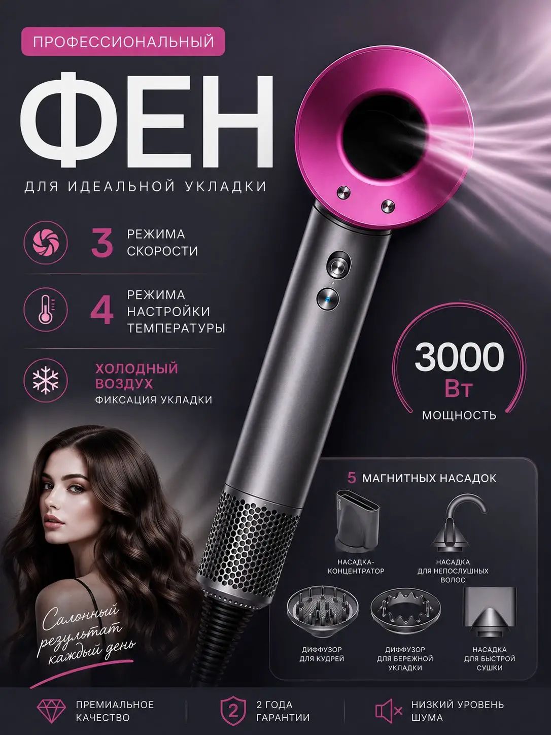 Fotze Фен для волос профессиональный 3000 Вт мощный с насадками и ионизацией, фен для сушки и укладки 3000 Вт, скоростей 3, кол-во насадок 5, темно-розовый