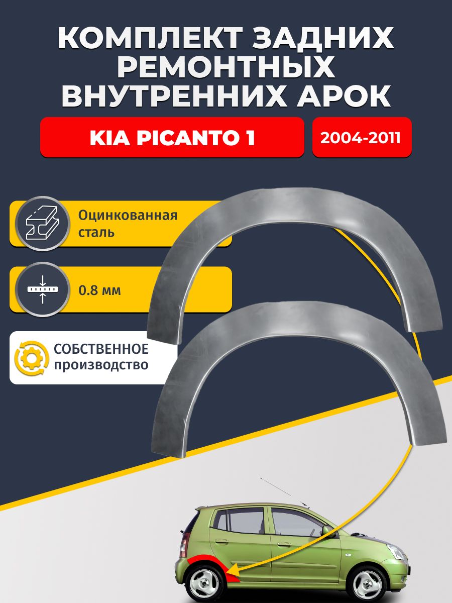 Комплект задних ремонтных внутренних арок для автомобиля Kia Picanto 1 2004-2011 (Киа Пиканто 1). Оцинкованная сталь 0,8 мм.