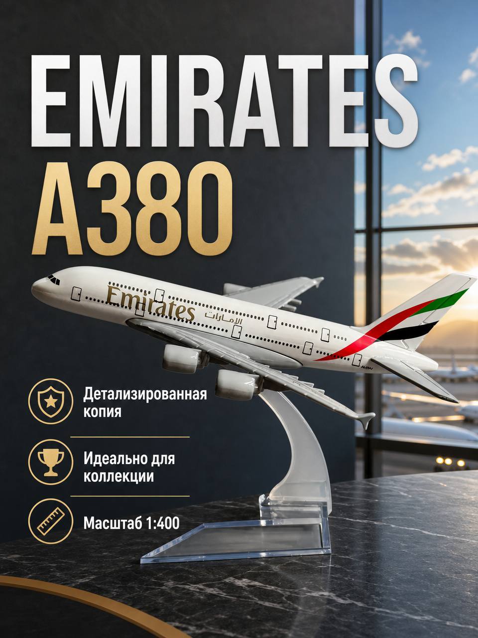 Модель самолета металлическая Emirates A38016см