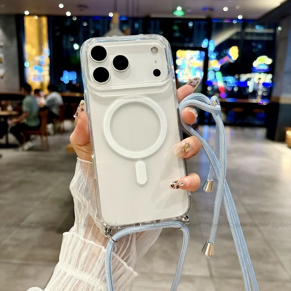 Чехол для iPhone 15 ProMax с веревочной ручкой, Bright Blue, Magsafe