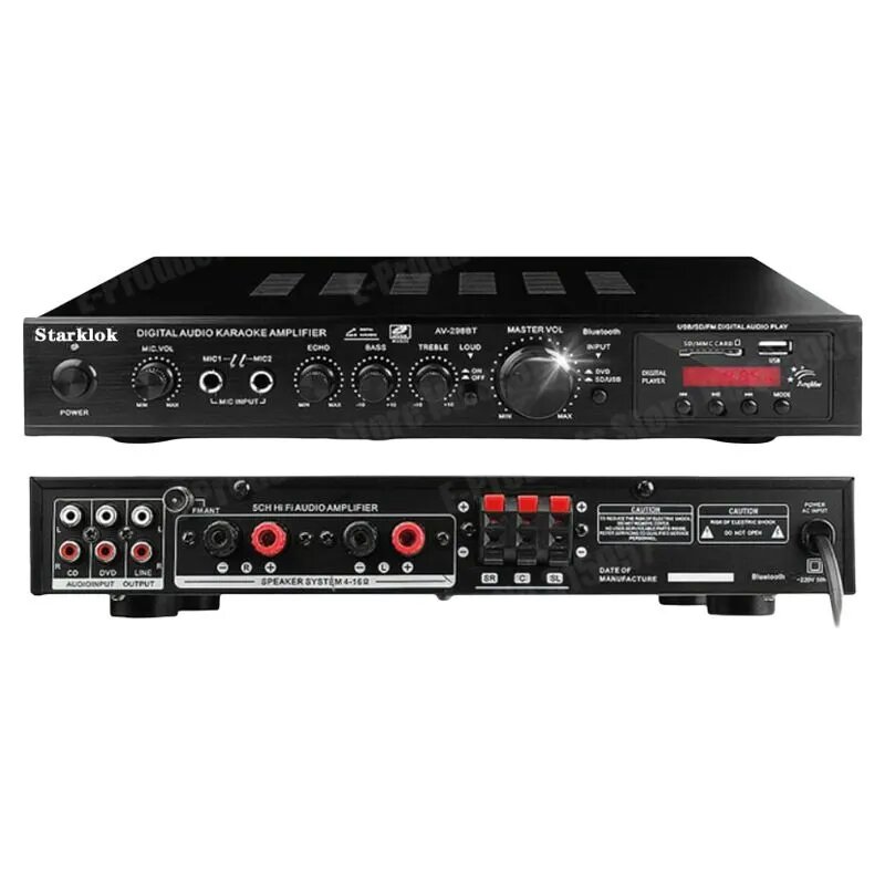 Аудио усилитель звука для колонок, AV - 298BT усилитель звука 5.1 канал с Bluetooth 5.0 FM/SD/RCA/USB/ LED,200Вт+200Вт+100Вт