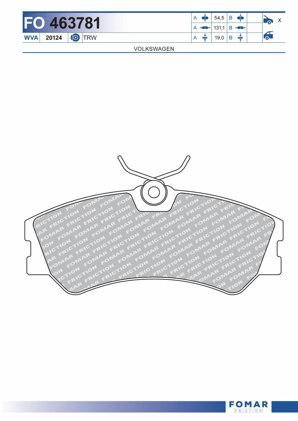 Колодки тормозные дисковые передние FOMAR 463781 Vw T4 90-03 Type Trw