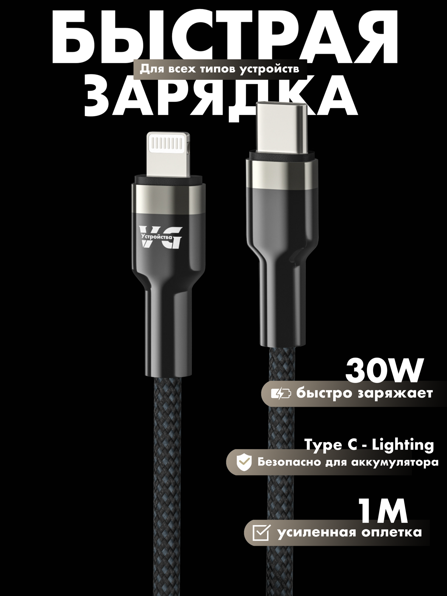 Кабель быстрой зарядки для iPhone, Type-C - Lightning, iPhone, 25Вт 3A,