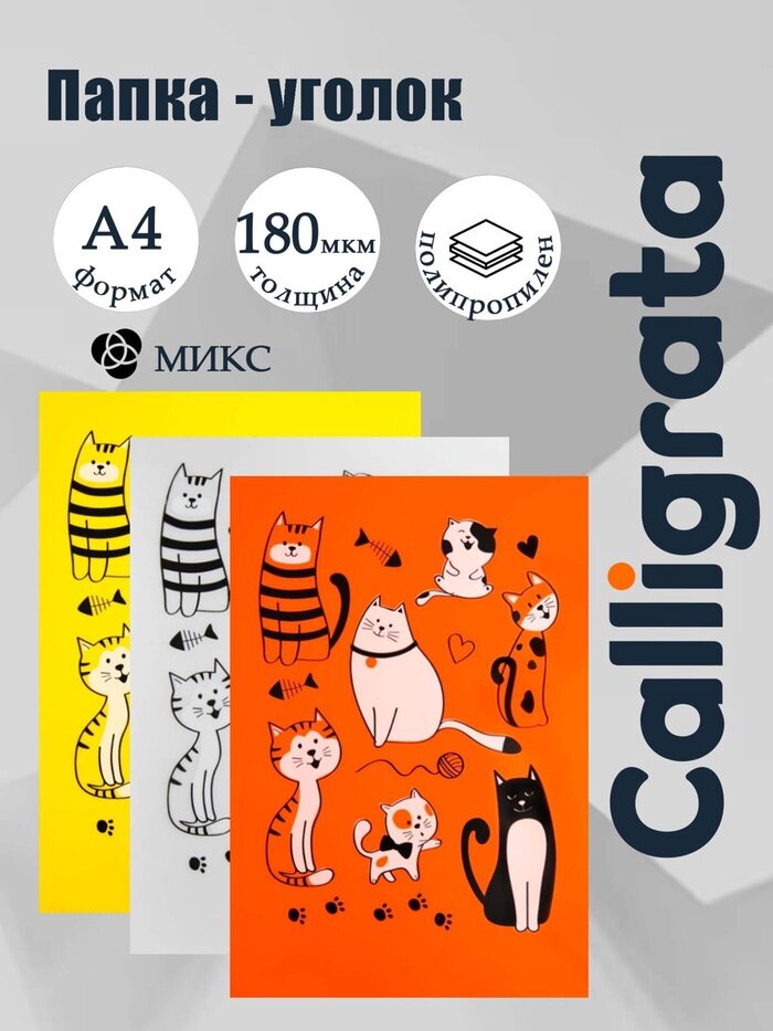 Папка-уголок А4, 180 мкм, Calligrata Котики, полупрозрачная, с принтом, микс, 30 шт.