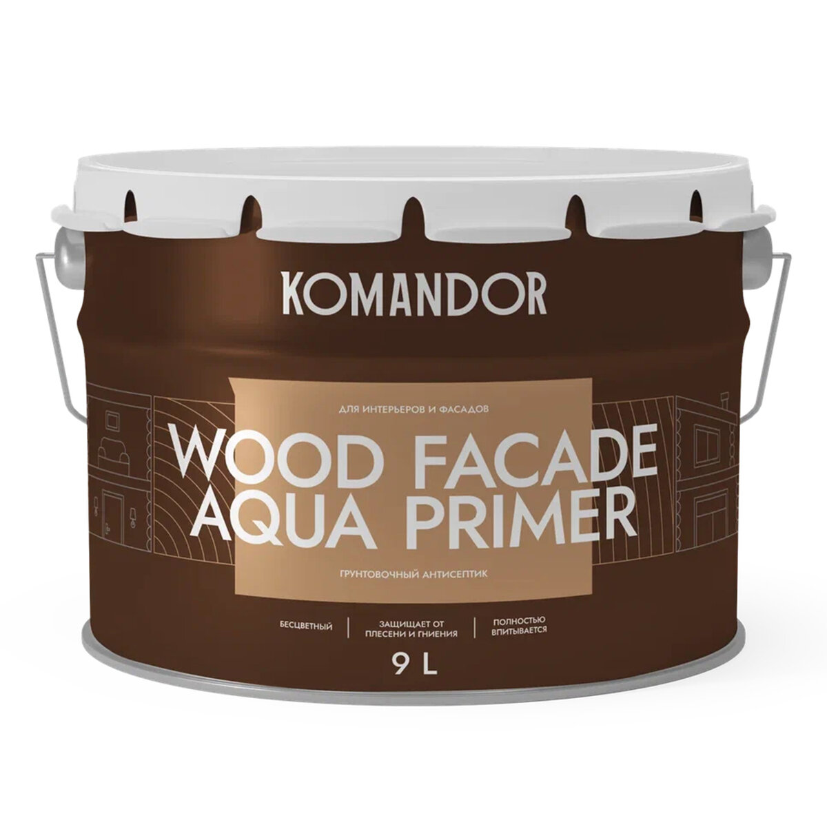Грунтовка-антисептик Komandor Wood Facade Aqua Primer, объем 9 л S1316000010