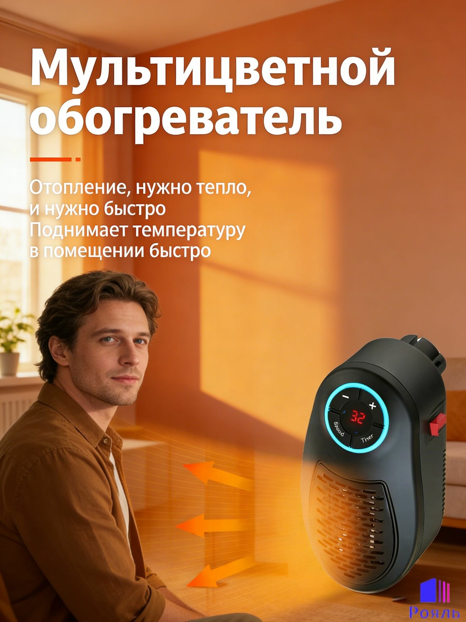 Мини обогреватель для дома с PTC нагревом, цветная подсветка, LCD дисплей, 500 Вт, быстрый нагрев до 20 м , защита от перегрева, 19x11x10 см