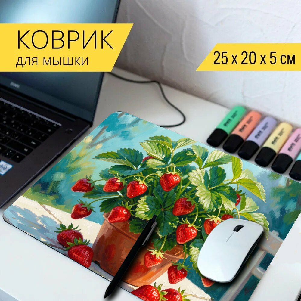 Коврик для мыши с принтом "Клубника в горшке на столе. Яркий летний натюрморт с садовой земляникой в терракотовой емкости, сочные красные ягоды и пышная зелень на светлом." 25x20см.