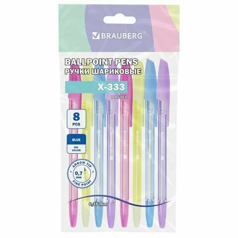 10 шт. Ручки шариковые BRAUBERG "X-333 PASTEL", набор 8 штук, синие, узел 0,7 мм, линия письма 0,35 мм, 144531