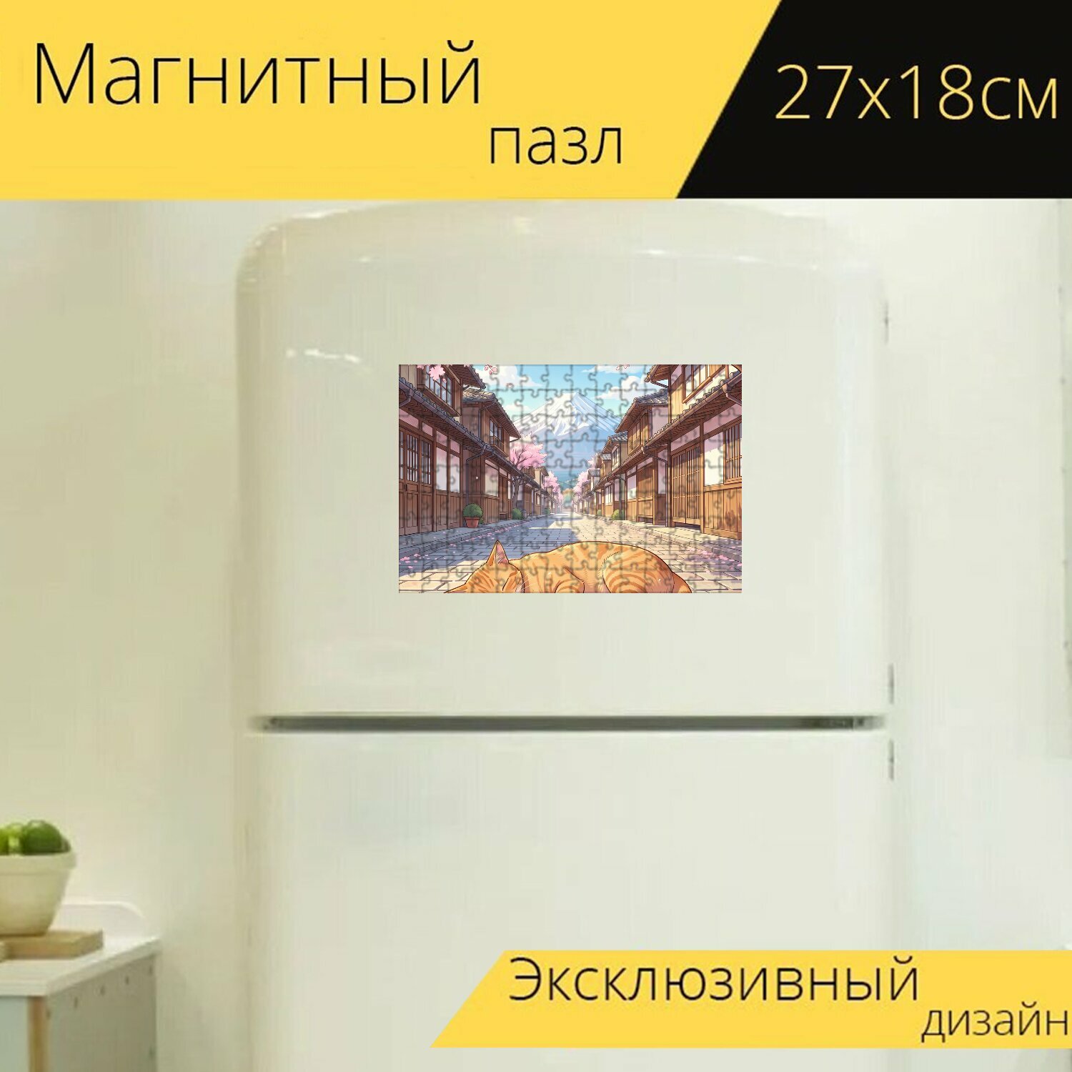 Магнитный пазл "Сонный кот под сакурой. Уютная японская улочка с деревянными домами, лепестками вишни и заснеженной горой вдали. Мягкая аниме-иллюстрация." на холодильник 27 x 18 см.