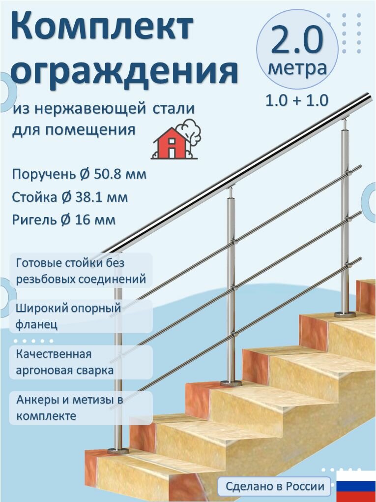 Перила для лестницы натеко, составное ограждение 2 м. из Нержавеющей Стали AISI 201, поручень 50.8 мм, из нержавейки для Помещения
