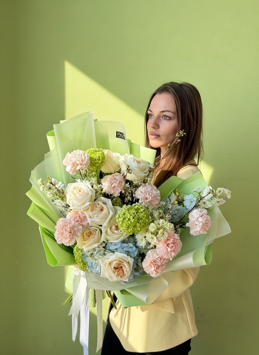 Яркий букет с ароматной розой и дельфиниумом