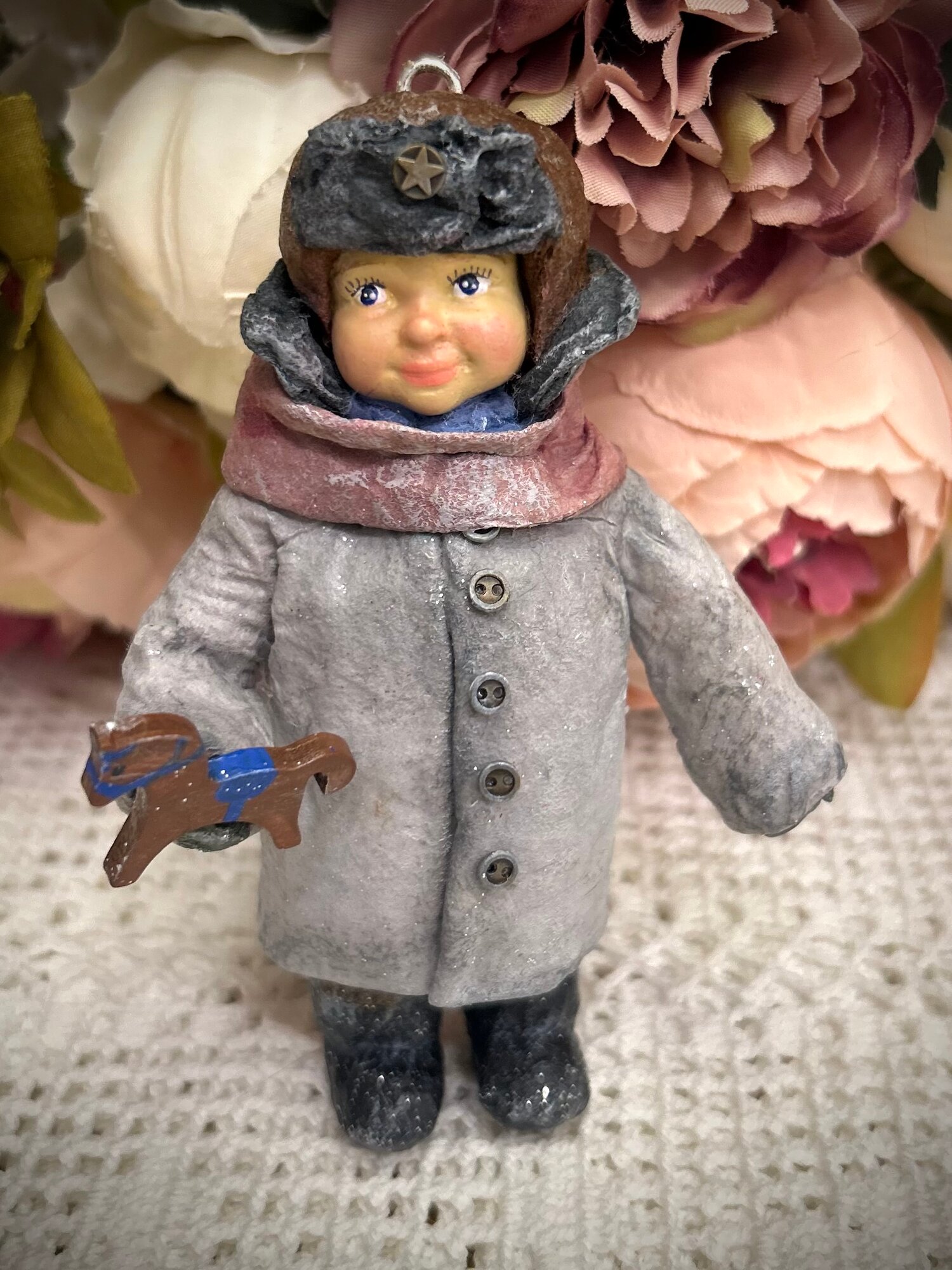 Игрушка из ваты ёлочная "Мальчик с лошадкой". Ручная работа.