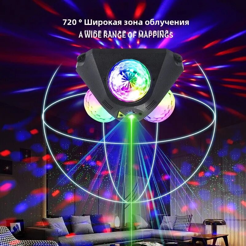 Домашний светомузыкальный дискошар с лазерным проектором, стробоскопом, LED подсветкой и голосовым управлением для создания атмосферы на вечеринках и Рождество