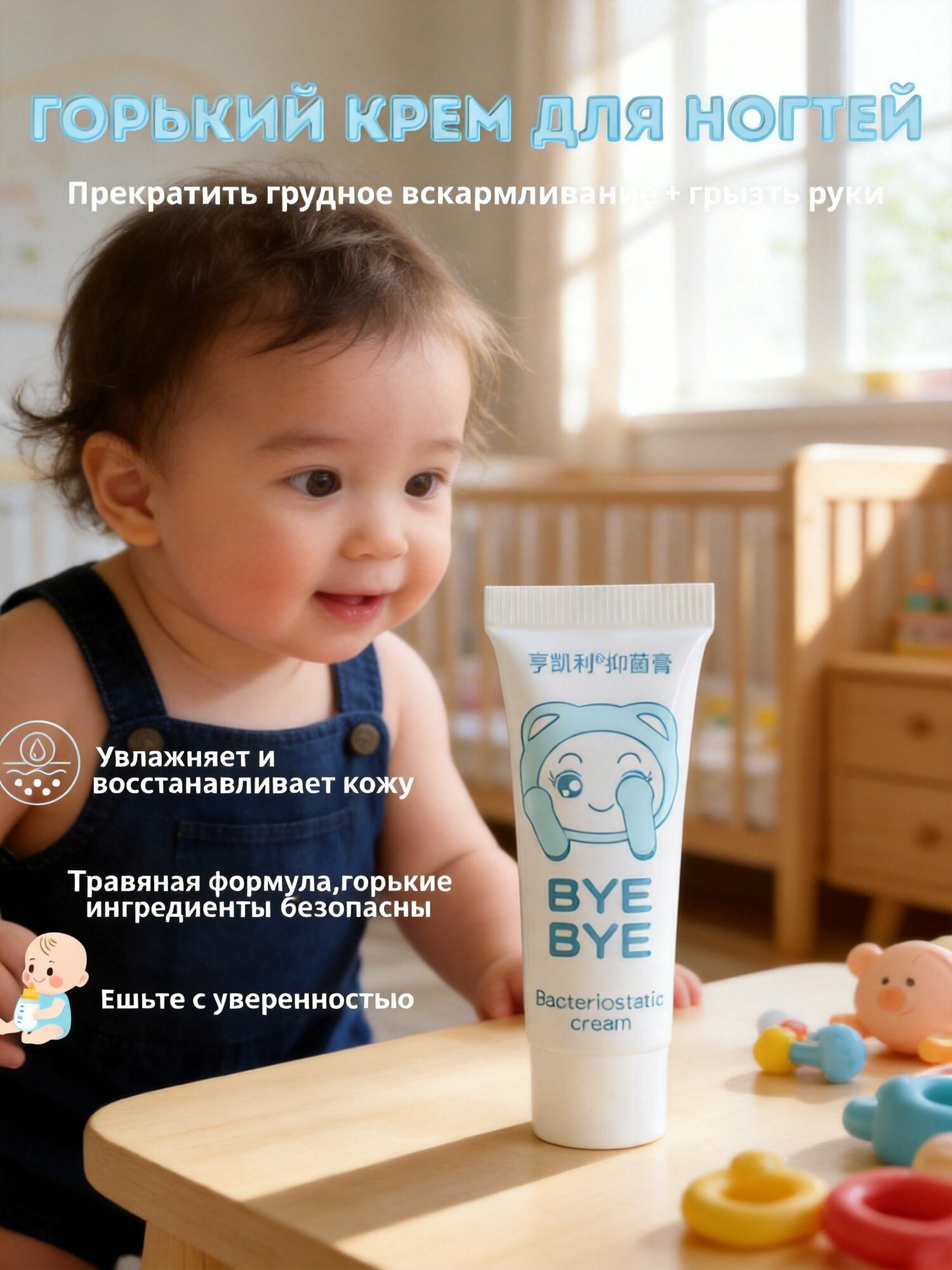 Укрепляющий крем с горьким вкусом для детей, от обкусывания ногтей — прозрачный, гипоаллергенный и быстросохнущий с дозатором
