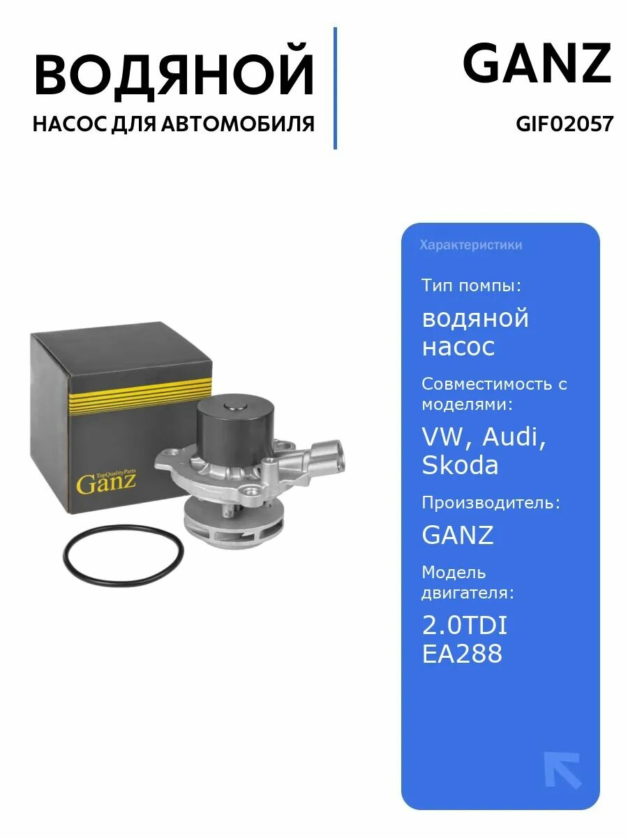 Помпа водяной насос VW Tiguan 2.0TDI EA288 GANZ GIF02057 для автомобилей Audi и Skoda, надежная и долговечная