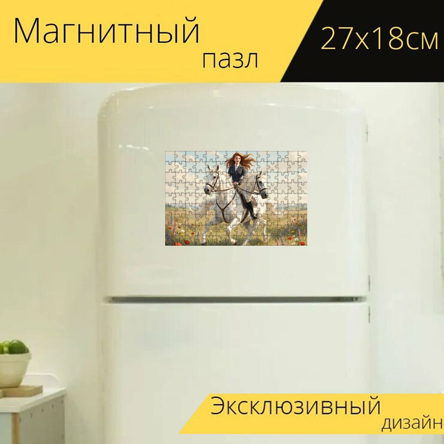 Магнитный пазл "Девушка на двух белых лошадях. Романтичная иллюстрация всадницы в синем костюме среди цветущего лугового поля. Светлые кони, пастельное." на холодильник 27 x 18 см.