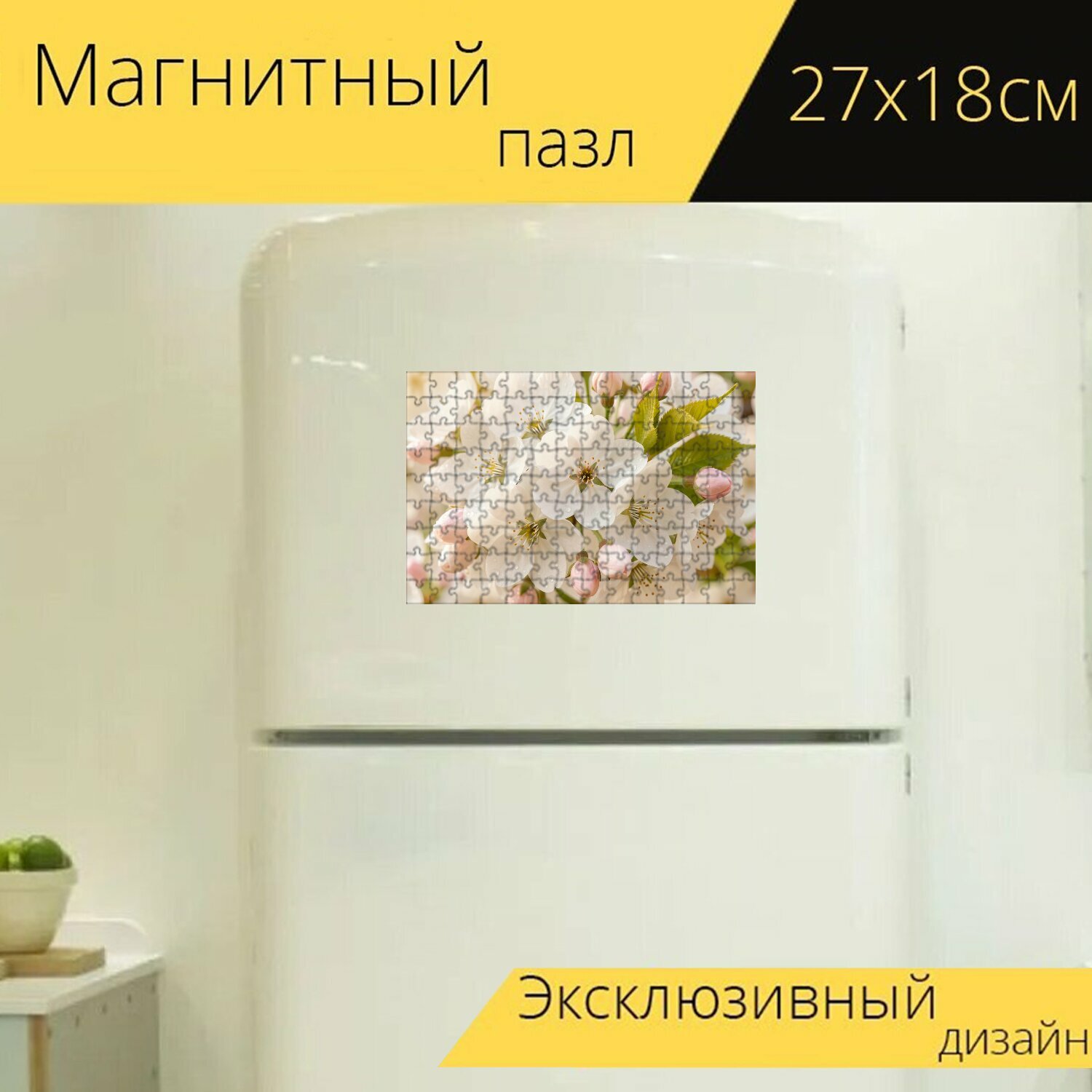 Магнитный пазл "Белые цветы сакуры с бутонами. Нежная весенняя ветка японской вишни в макросъемке: светлые лепестки с каплями росы, розовые почки." на холодильник 27 x 18 см.