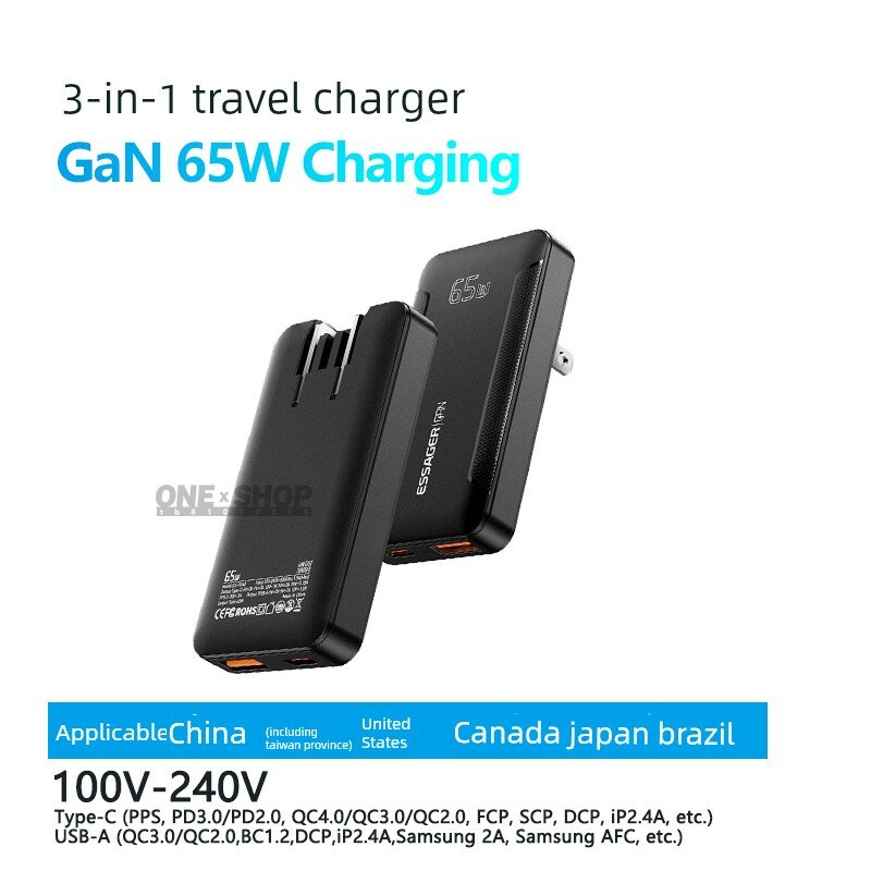 65W GaN USB-C переносное зарядное устройство с разъемом US, компактная быстрая зарядка для iPhone, Samsung и ноутбуков