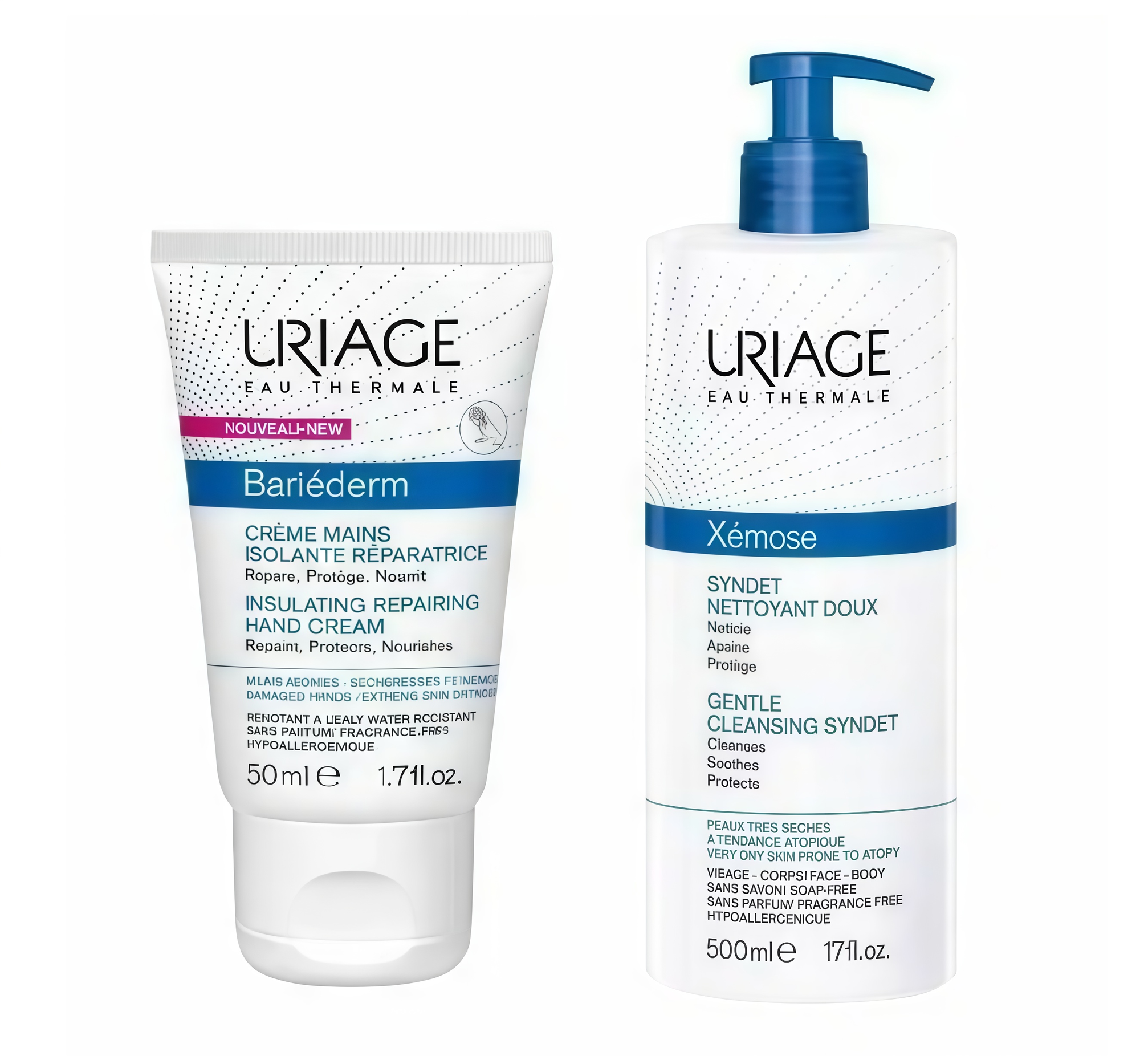 Uriage Набор: восстанавливающий крем для рук Bariederm 50 мл + очищающий гель Xemose Syndet 500 мл