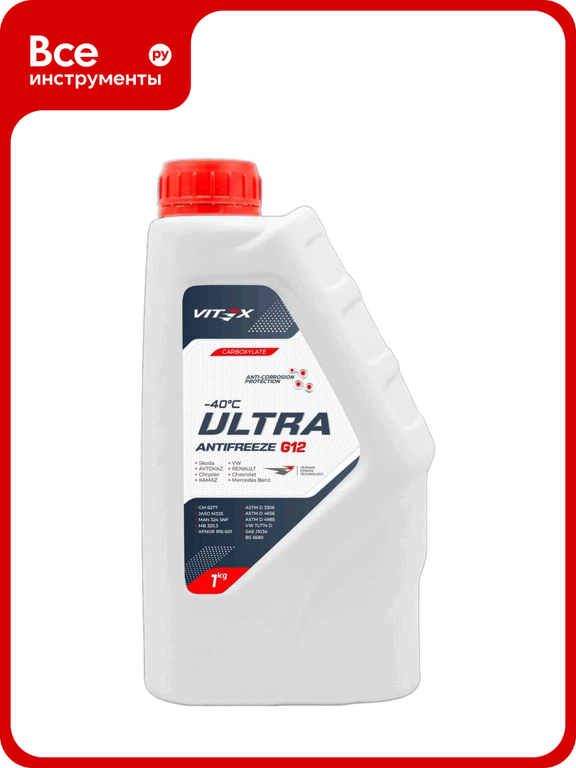 Антифриз VITEX Ultra G-12 -40 красный, моноэтиленгликольный, универсальный антизамерзатель для авто, защита