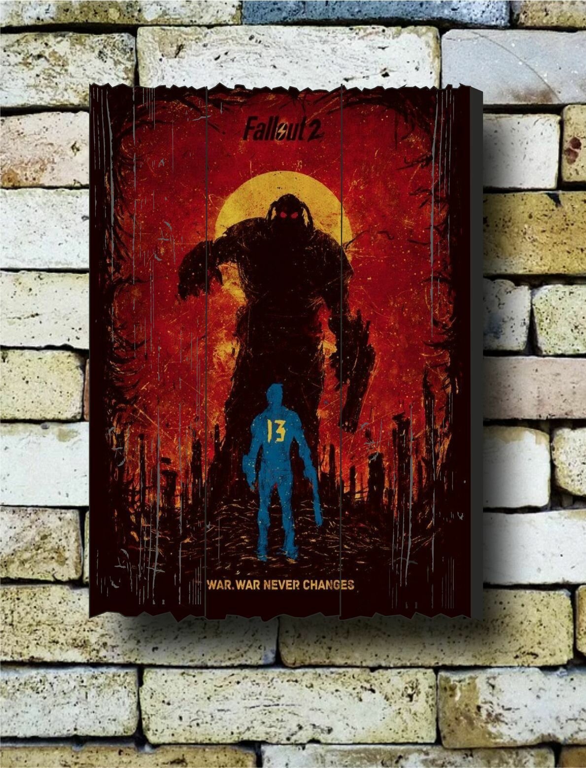Картина на досках Fallout 2. Пост-апокалипсис. War never changes. Курьер. Пустоши. Монстр.