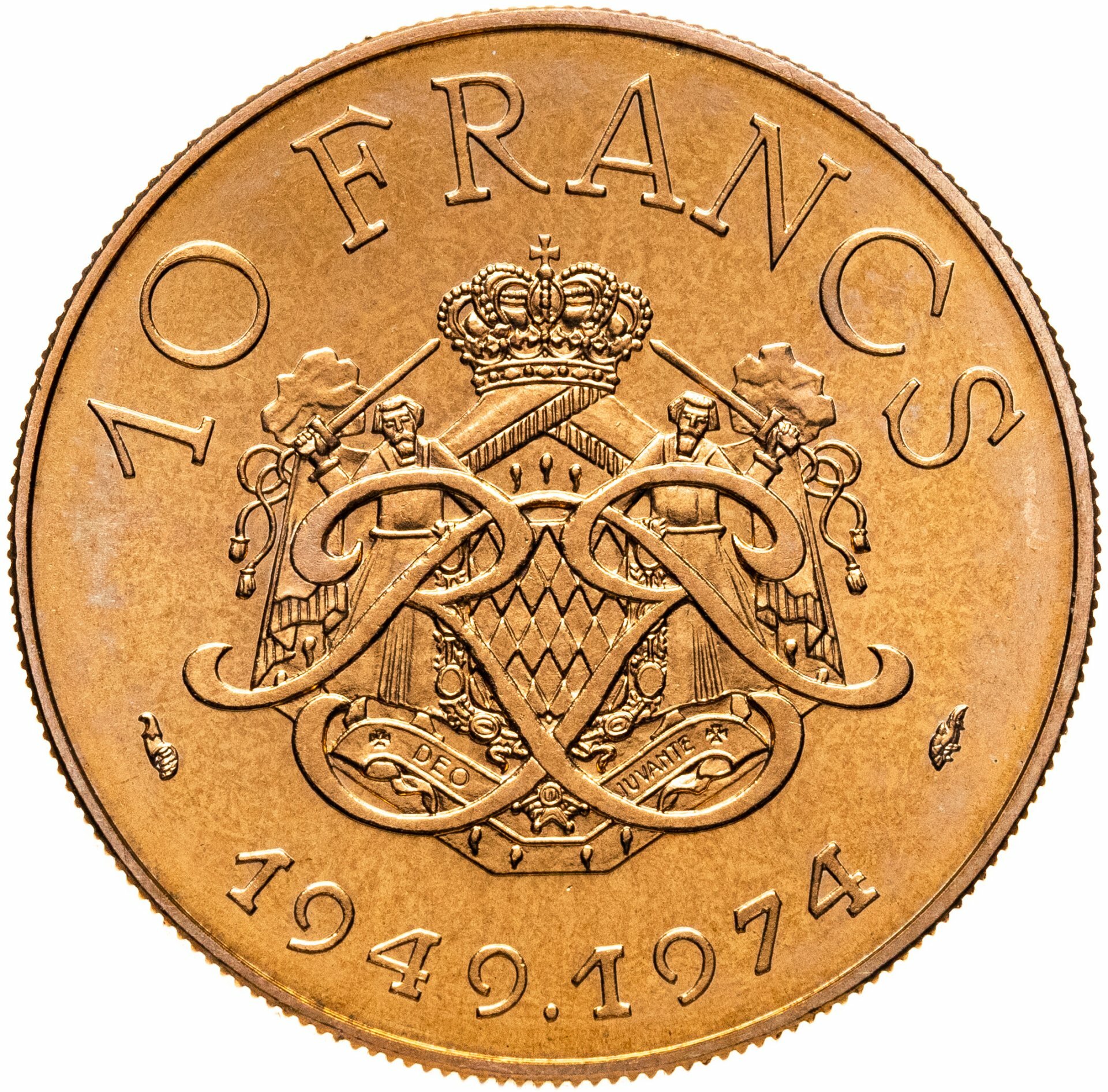 Монако 10 франков francs 1974 "25 лет правления Князя Ренье III", в сохранности BUNC