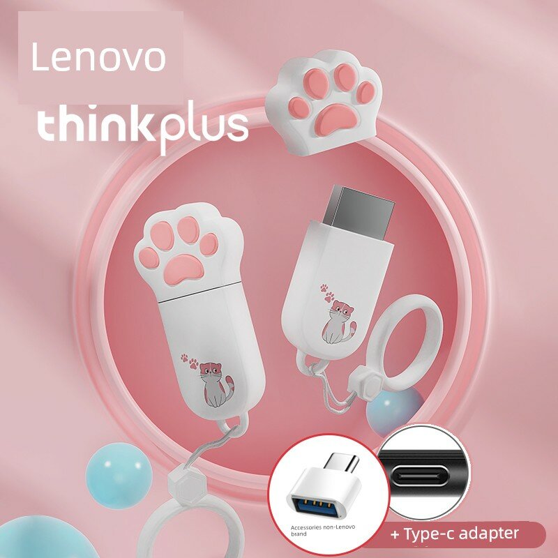 Lenovo Cat Paw USB-накопитель 32 ГБ с адаптером Type-C к Type-C, мини-формат для мобильных устройств и ПК