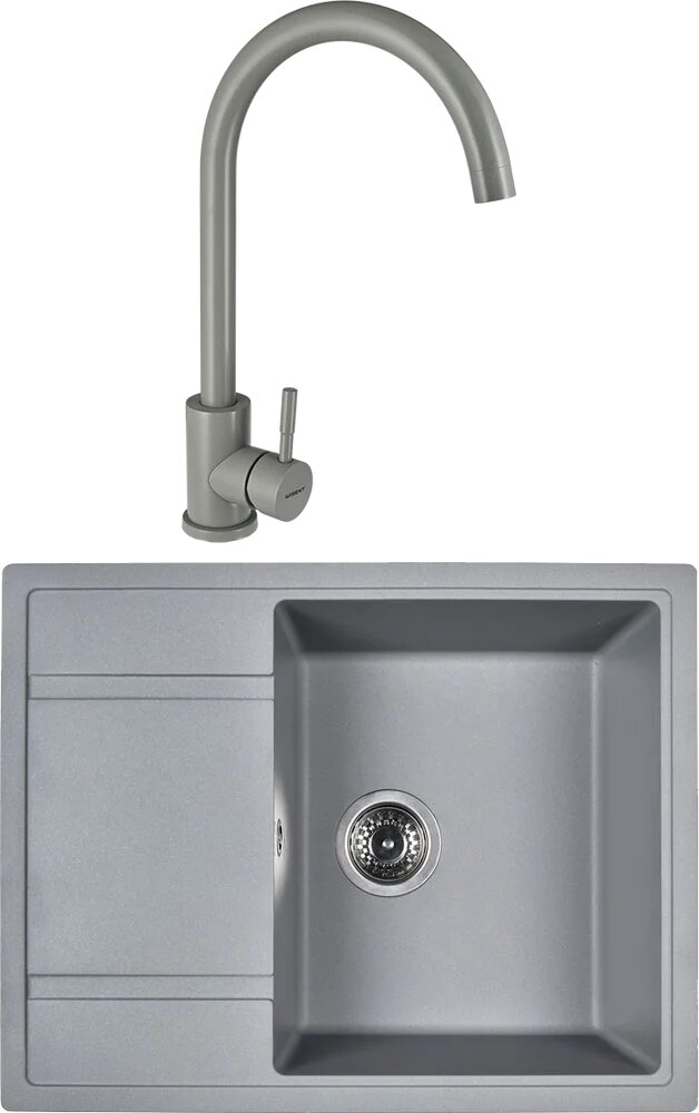 Комплект Мойка Wisent MW650-29 64x50, грэй, искусственный гранит / Смеситель W4998-3-29 матовый серый, матовый серый