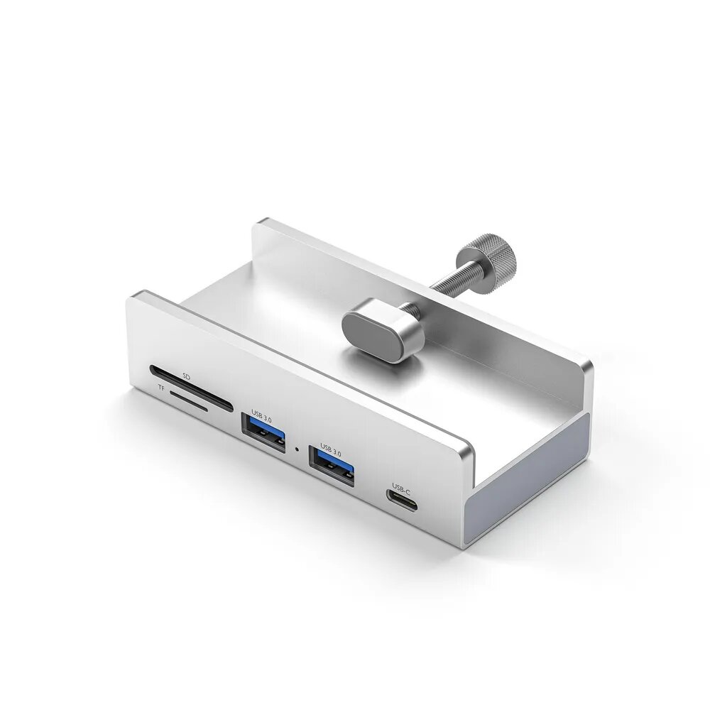 USB3.0 концентратор 2xUSB+USB-C+TF+SD c Алюминиевый зажим для крепления на стол или к монитору 5 в 1