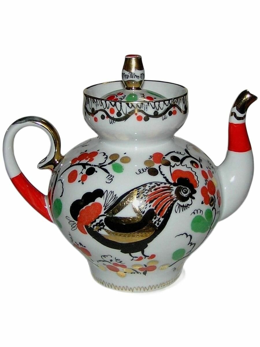 Винтаж СССР. ЛФЗ 1970 - 1986гг. (Ленинградский Фарфоровый Завод). Коллекционный Заварочный / Доливочный чайник - золотой петушок. Золочение.