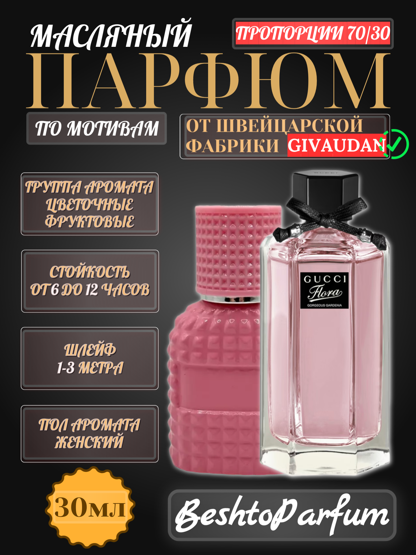 Масляные духи по мотивам Gucci Flora Gorgeous Gardenia — стойкий сладкий фруктово-цветочный аромат для женщин / 30мл
