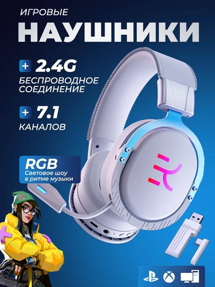 Игровая гарнитура GX-01 беспроводная: 3 режима подключения (2.4G USB/Bluetooth/3.5 мм), совместимость с PS4, PC, Switch, Xbox One, смартфон, звук Dolby 7.1, встроенный микрофон наушники