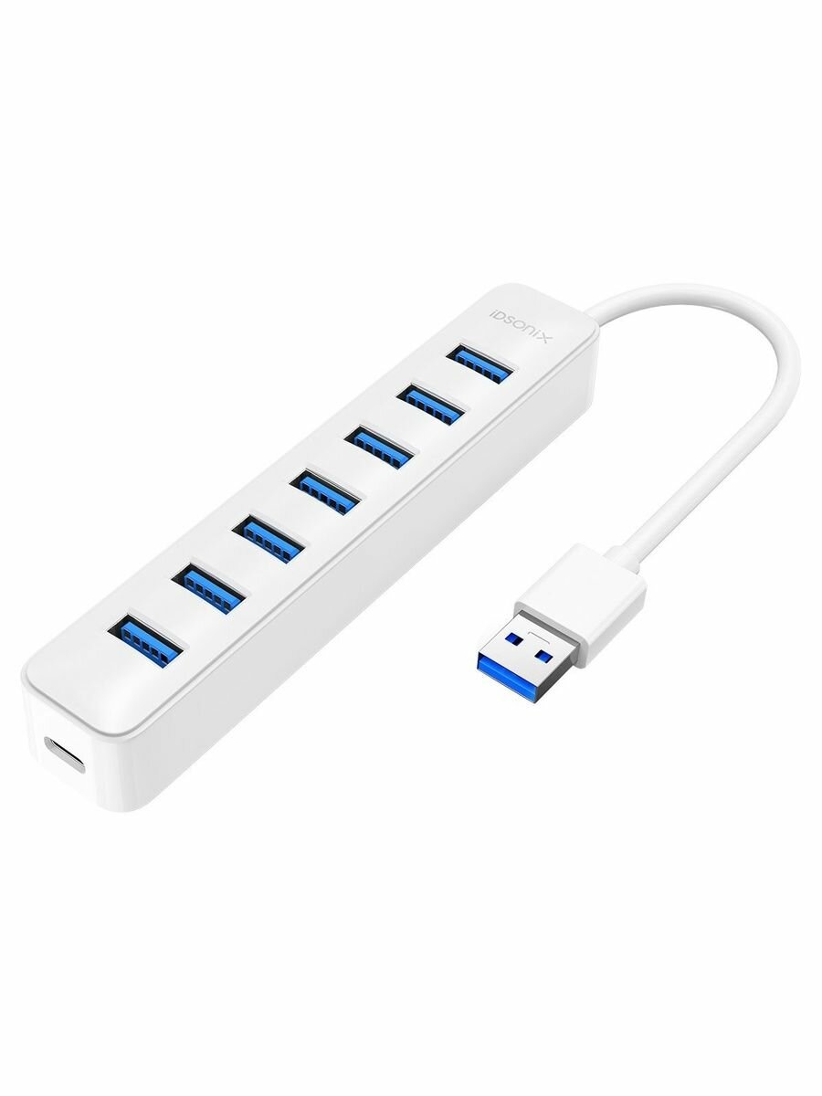 Хаб USB 3.0 на 7 портов iDsonix-IAU3-7A-015 (белый), поддерживает подключение флешек, внешних жестких дисков, клавиатур, мышей и других устройств USB хаб USB 3.0 разветвитель 7 портов
