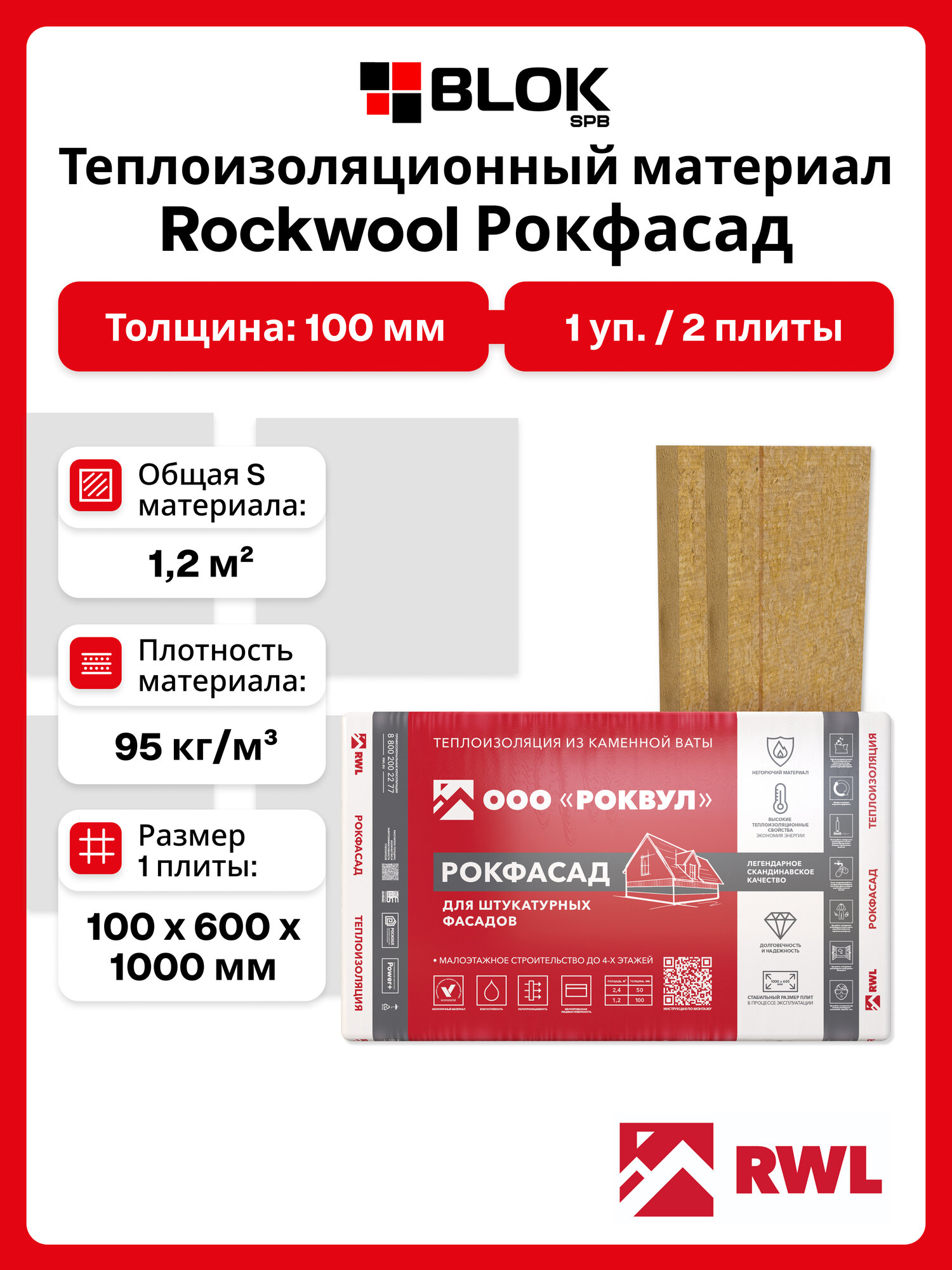 ROCKWOOL рокфасад 100 мм (1 уп. / 1,2 м2 / 2 шт) минеральная вата, утеплитель для стен, фасадов, балконов