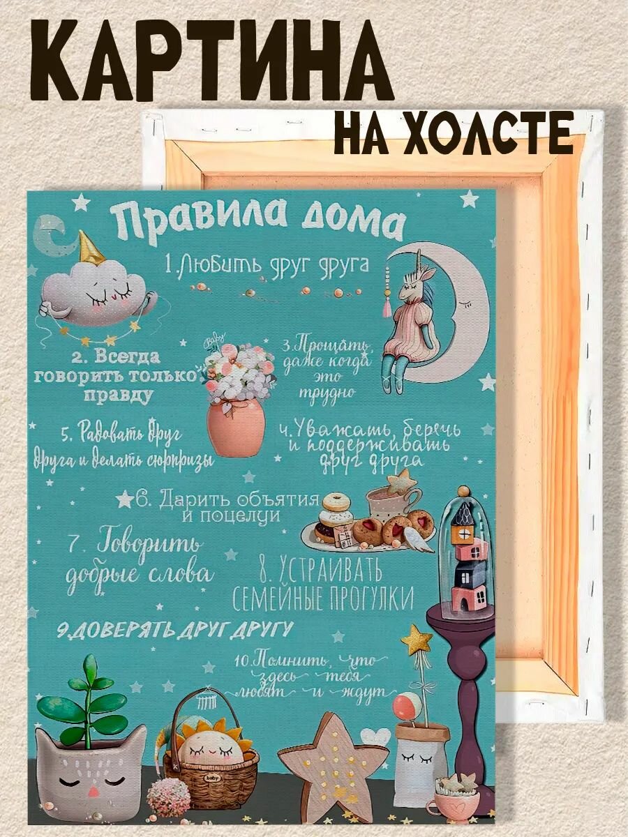 Картина на стену Правила дома, на подрамнике, 1шт, 25х17 размер.