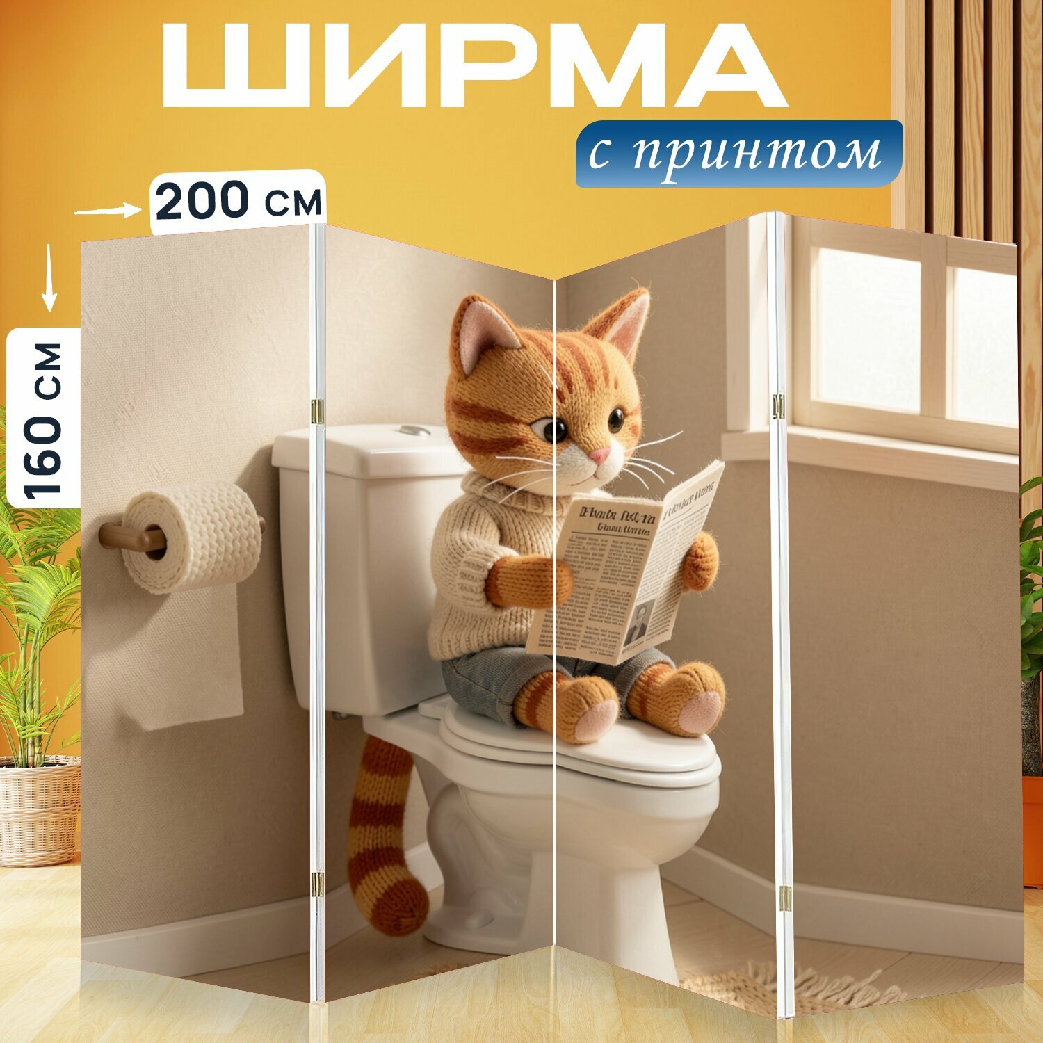 Ширма "Вязаный рыжий кот с газетой. Забавный полосатый котенок в свитере и джинсах сидит в ванной комнате на." перегородка для зонирования комнаты с принтом 200x160 см. на холсте